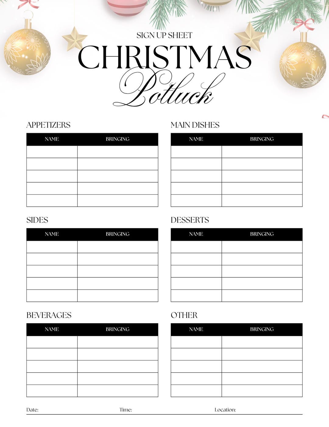Christmas Potluck Sign-up Sheet, Festive Holiday Party Form (printable ...