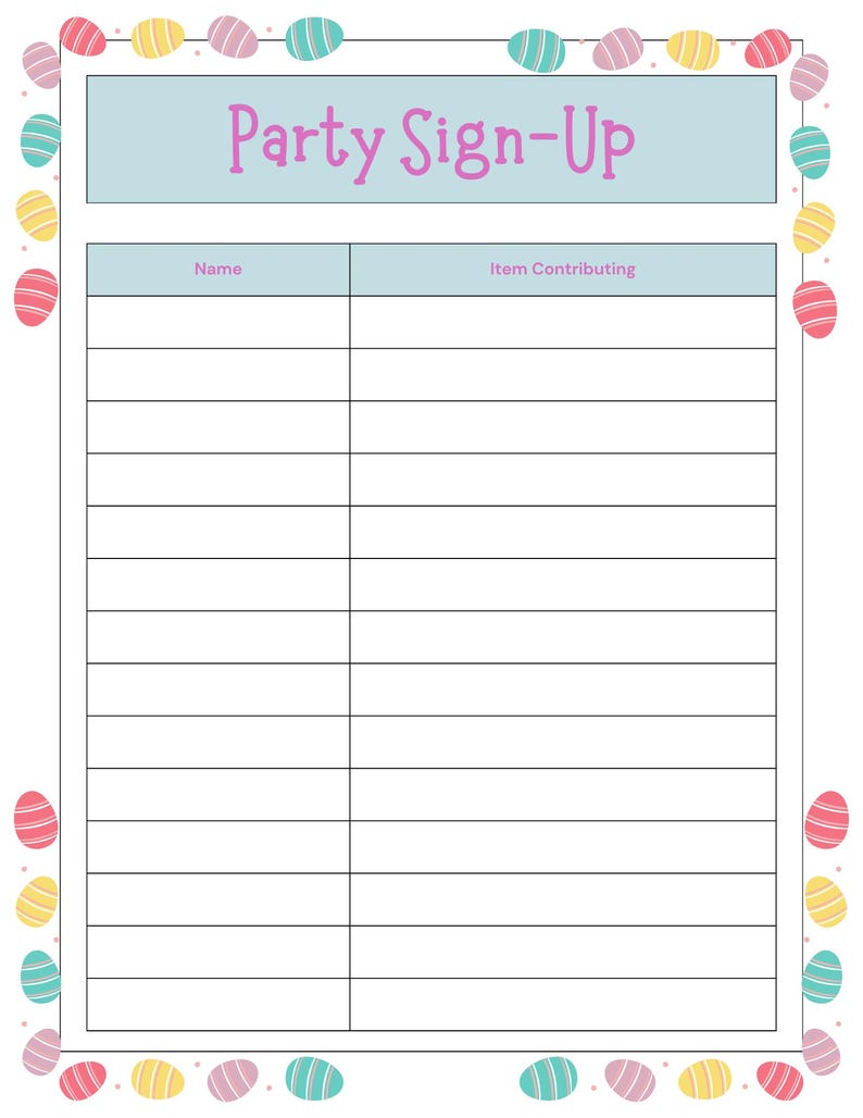 Easter Party Sign-up Sheet, Printable Volunteer List (PDF) - Etsy