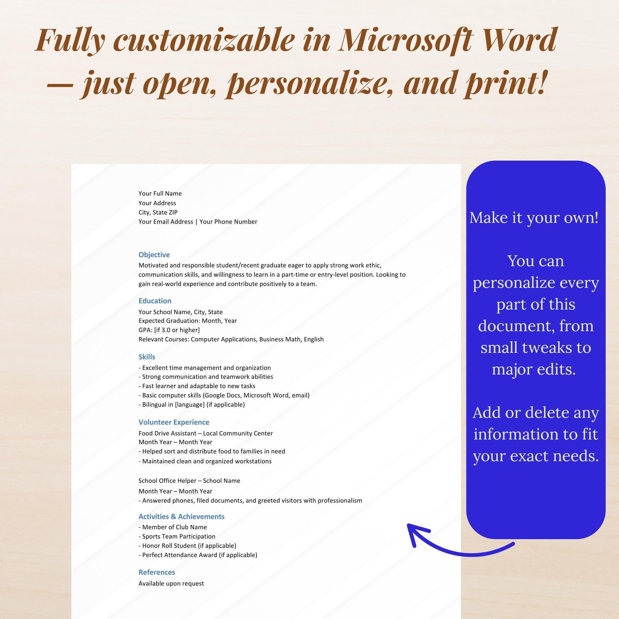 Teen Student Resume Template: Editable First Job Application (word ...