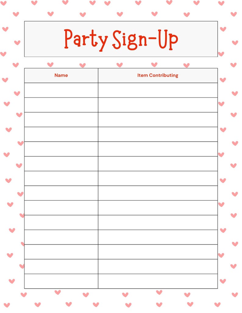 Valentine's Day Party Sign-up Sheet, Heart PDF (instant Download) - Etsy