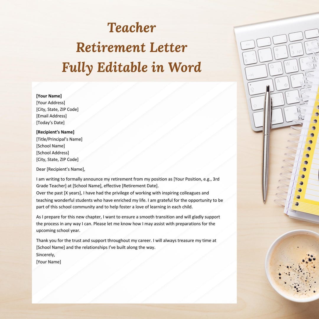 Editable Teacher Retirement Letter Template: Professional Farewell ...