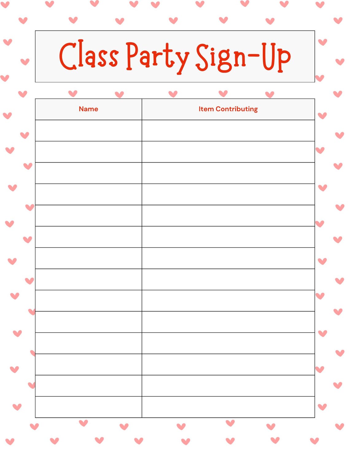 Valentine's Day Party Sign-up Sheet, Heart PDF (instant Download) - Etsy