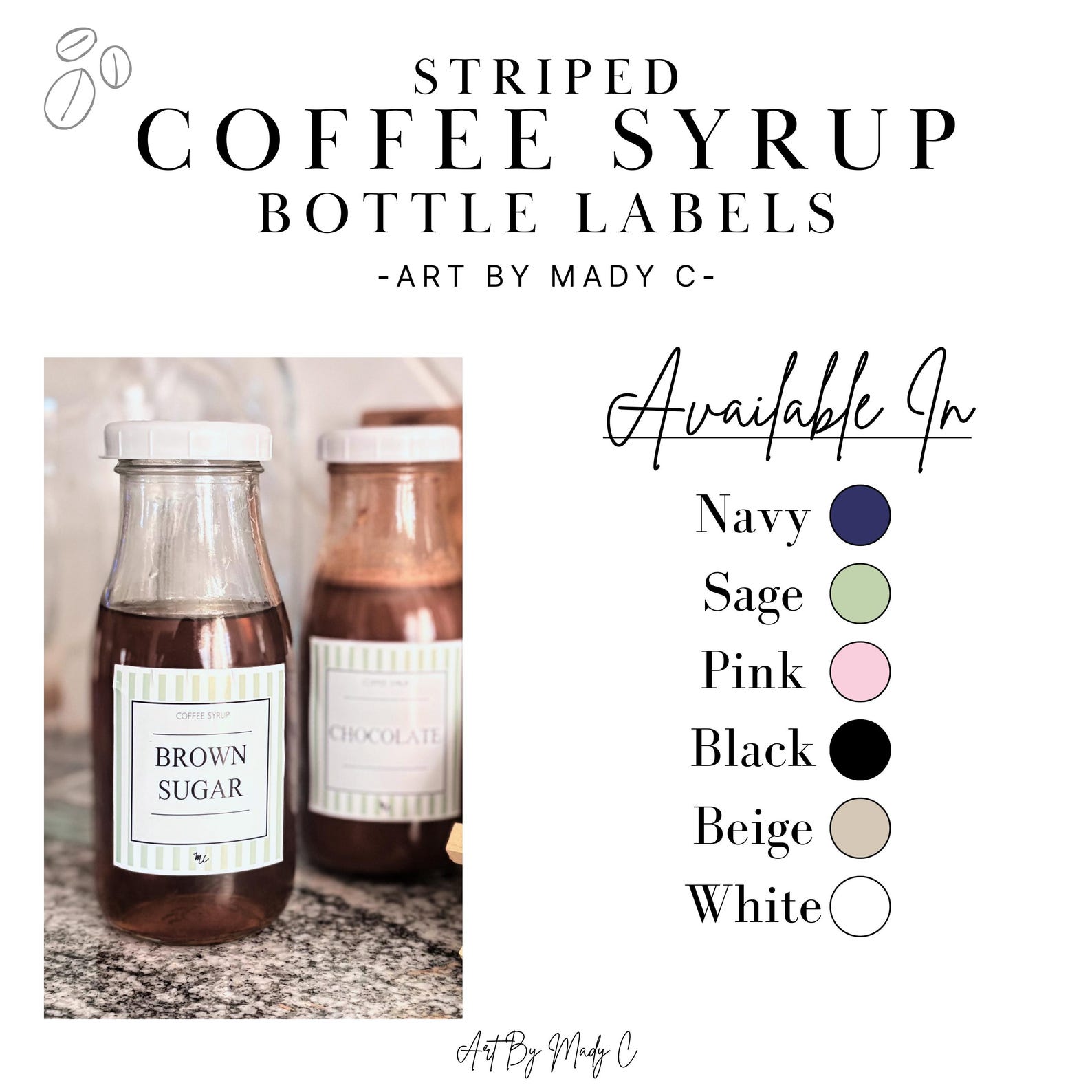 Striped Coffee Syrup Bottle Labels - Assorted Colors, Glossy, Modern ...