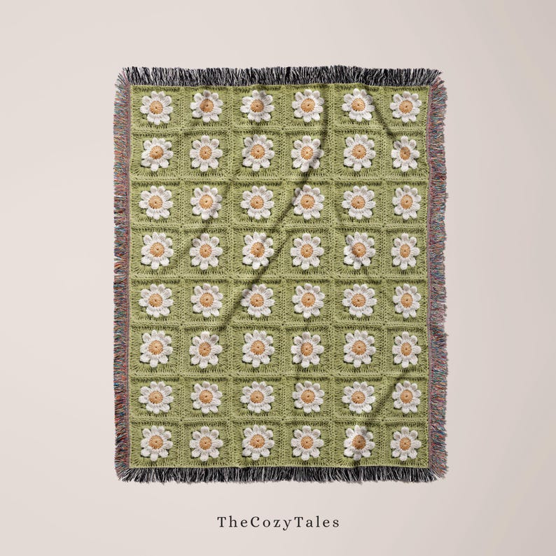 Green Daisy Granny Square Blanket Daisy Crochet Woven Blanket Crochet ...