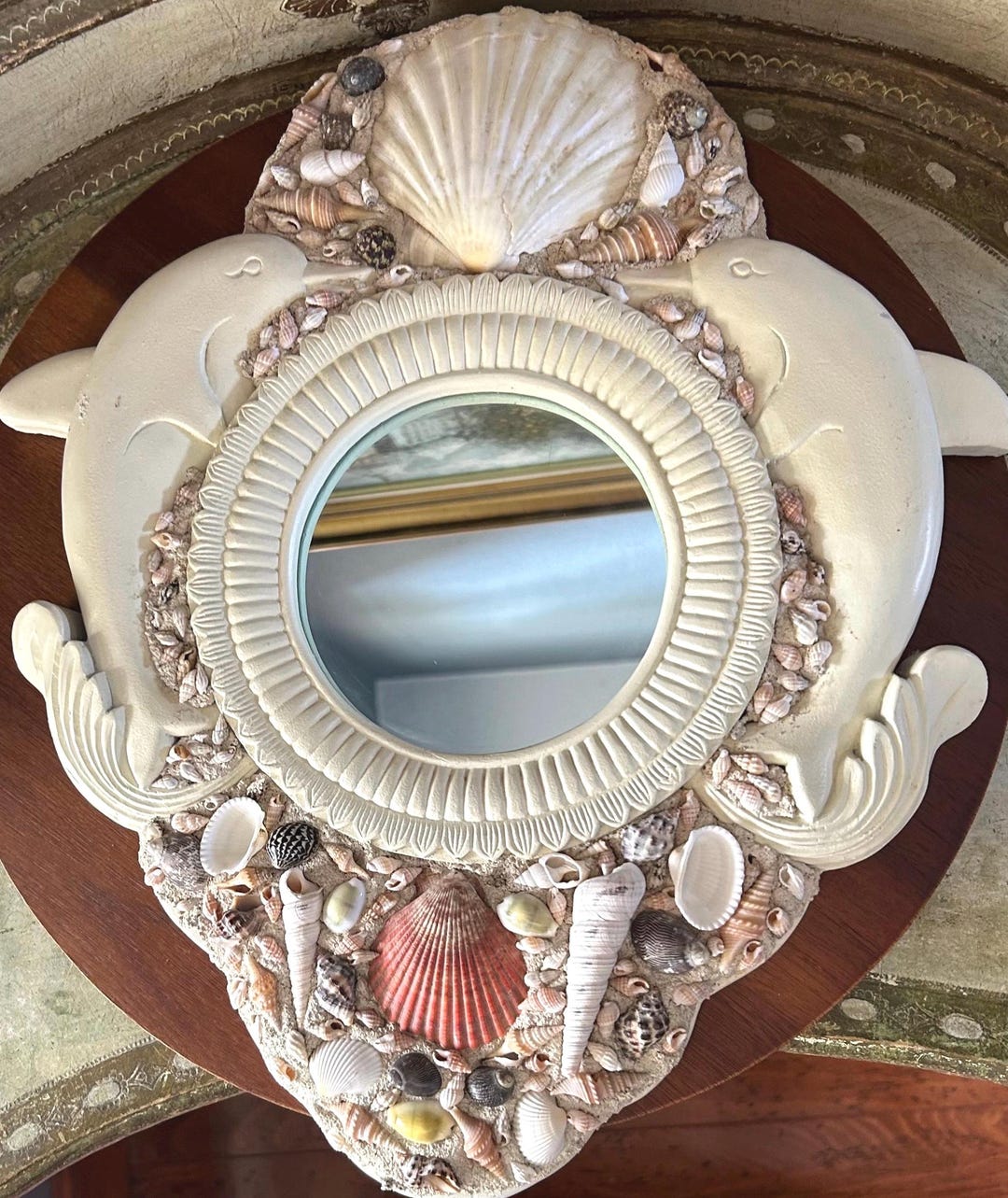 Vintage 1990s Carved Coastal Dolphin and Seashell Encrusted Hanging ...