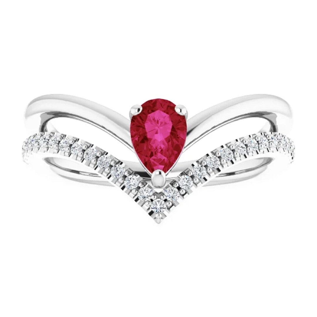14k Gold Pear Ruby Chevron Ring, Diamond Accent - Etsy