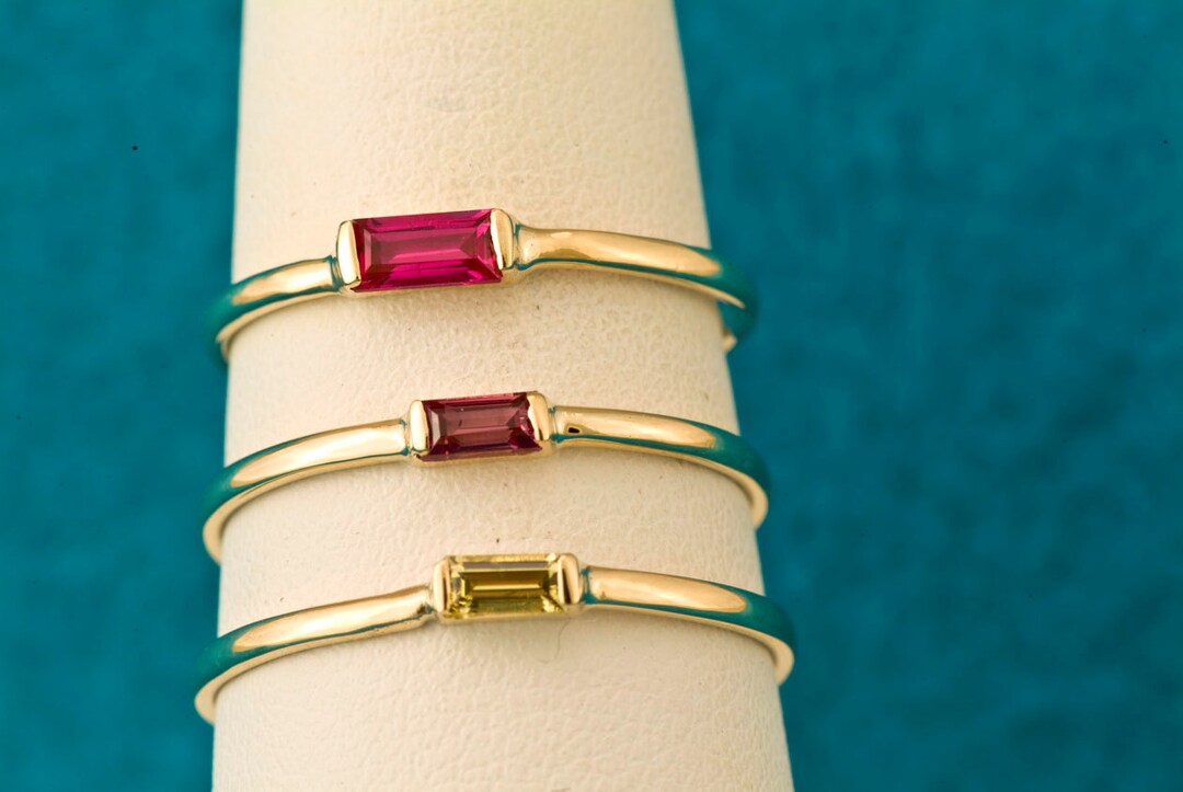 Canary Yellow Sapphire Baguette Stacking Ring, 14k Gold Dainty Ring ...