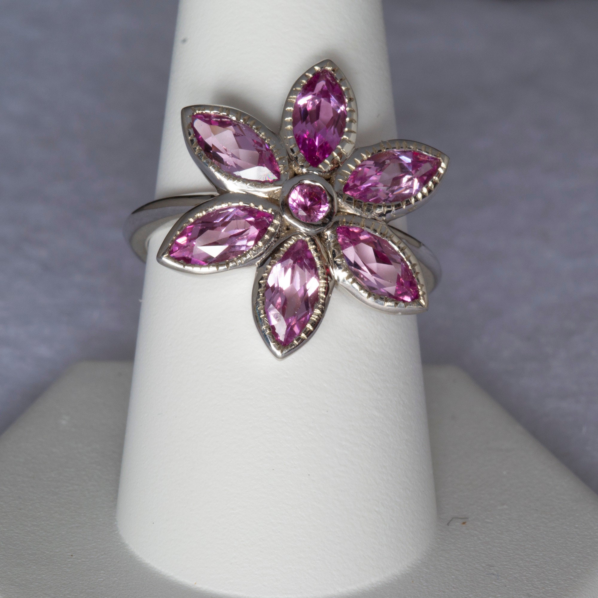 White Gold Pink Tourmaline Birth Flower Ring, Floral Statement Ring ...
