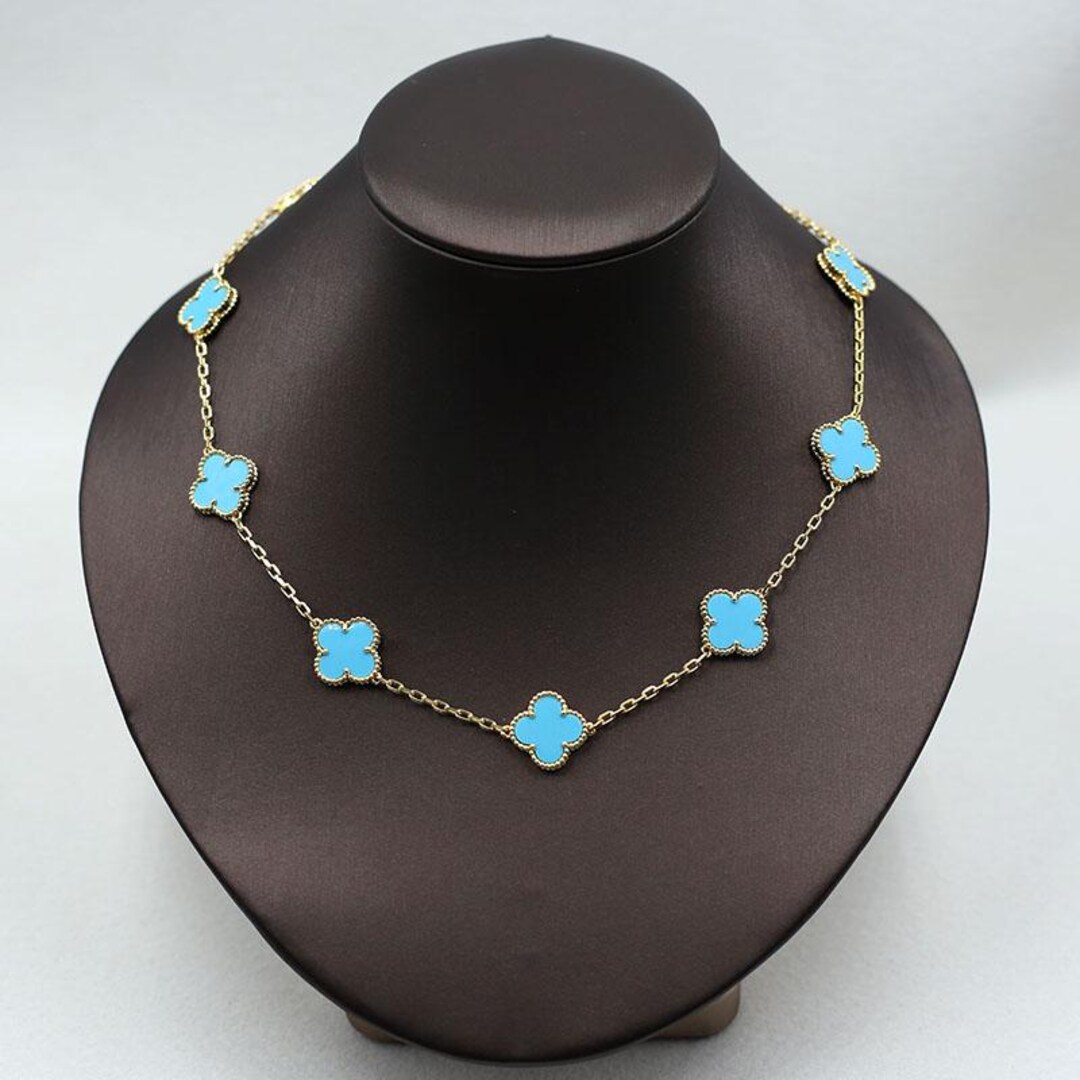 Vintage Turquoise 15mm Clover 10 Motif Necklace 925 Silver 18k Gold ...