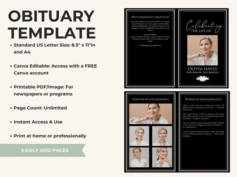 Obituary Template Funeral Program 8-page Printable Bifold | Minimalist ...