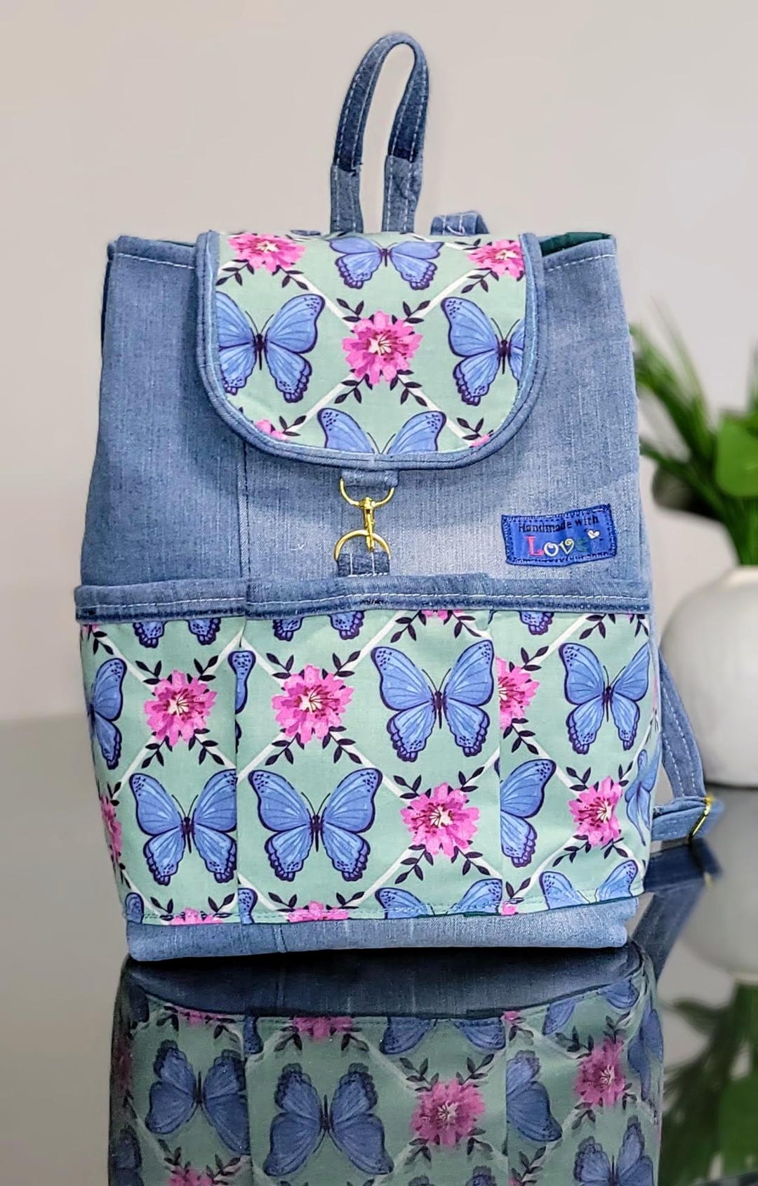 Upcycled Denim Backpack Purse: Butterfly Print, Gold Hardware - Etsy