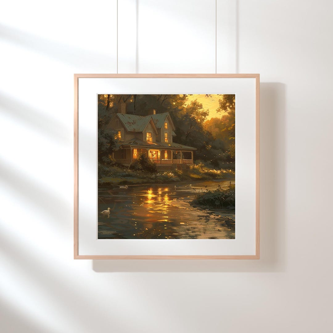 Glowing Country House at Sunset – Digital Oil Painting | Cozy ...