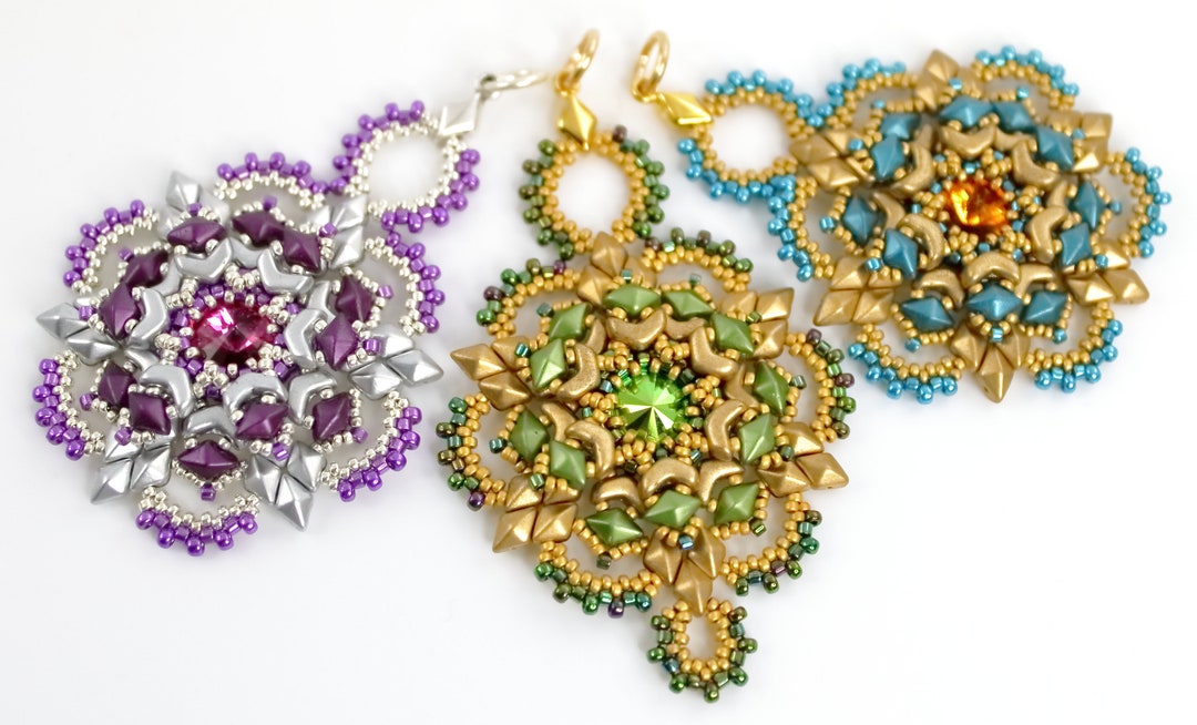 Crest Flower Pendant Beading Tutorial: Mini Diamond Duos, Chevron Beads ...