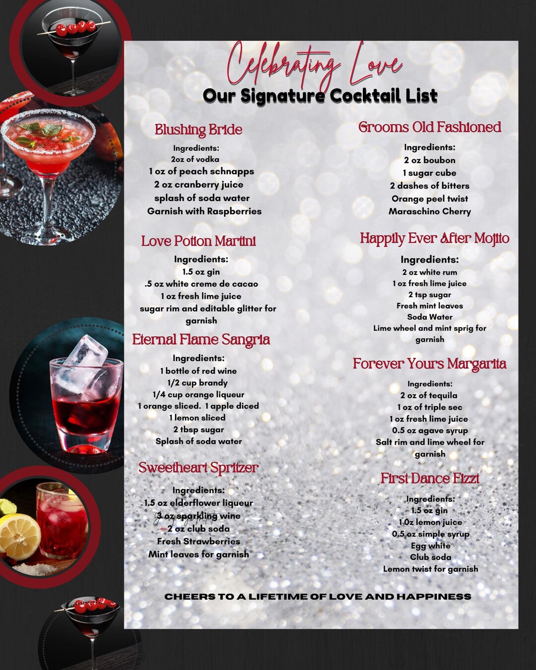 Wedding Cocktail Menu, Printable Drinks Menu, Signature Cocktail List ...