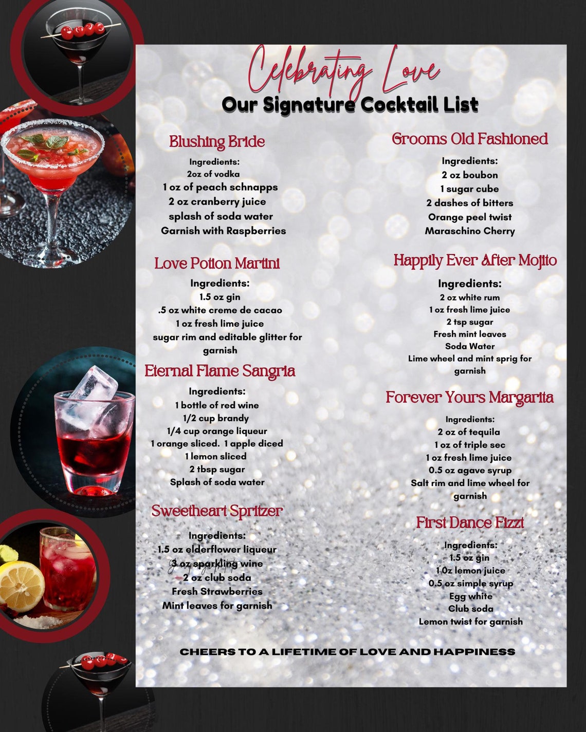 Wedding Cocktail Menu, Printable Drinks Menu, Signature Cocktail List ...