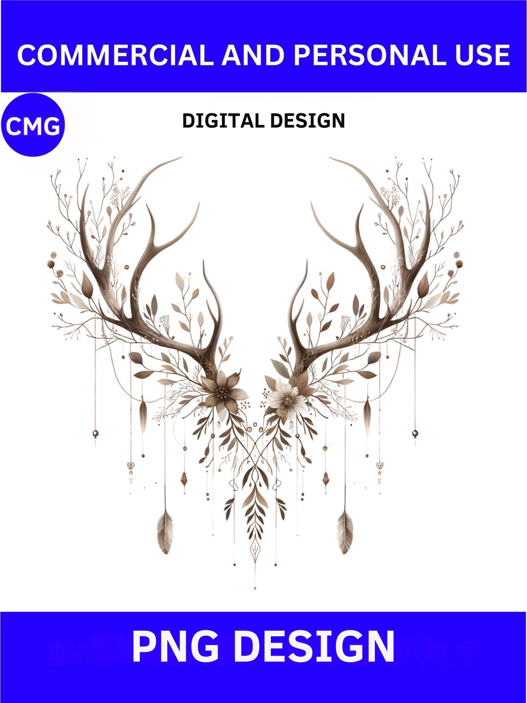 Boho Deer Antlers Png, Antler Clipart, Floral Antler, Boho Antler ...