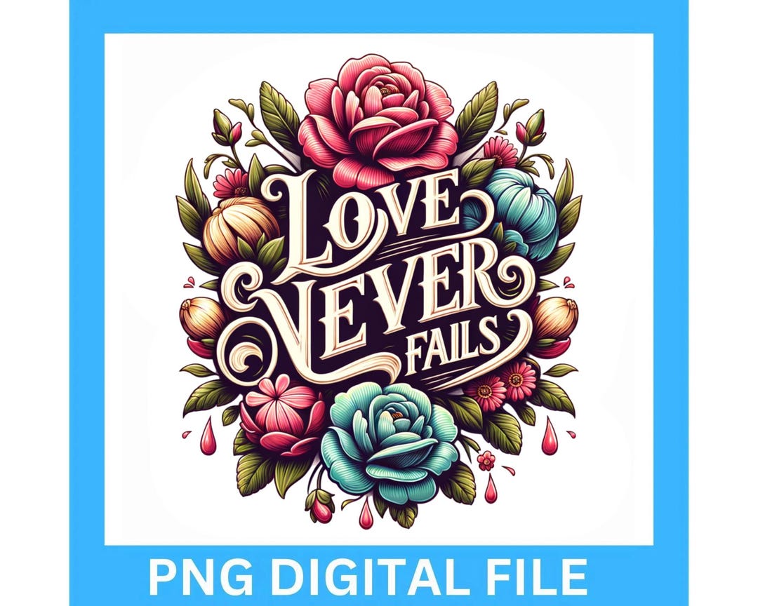 Love Never Fails PNG Design, Vivid Floral Graphic, Inspirational Quote ...
