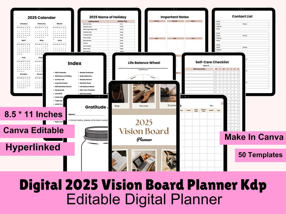 2025 Vision Board Planner, Editable Canva Template for KDP, Goal ...