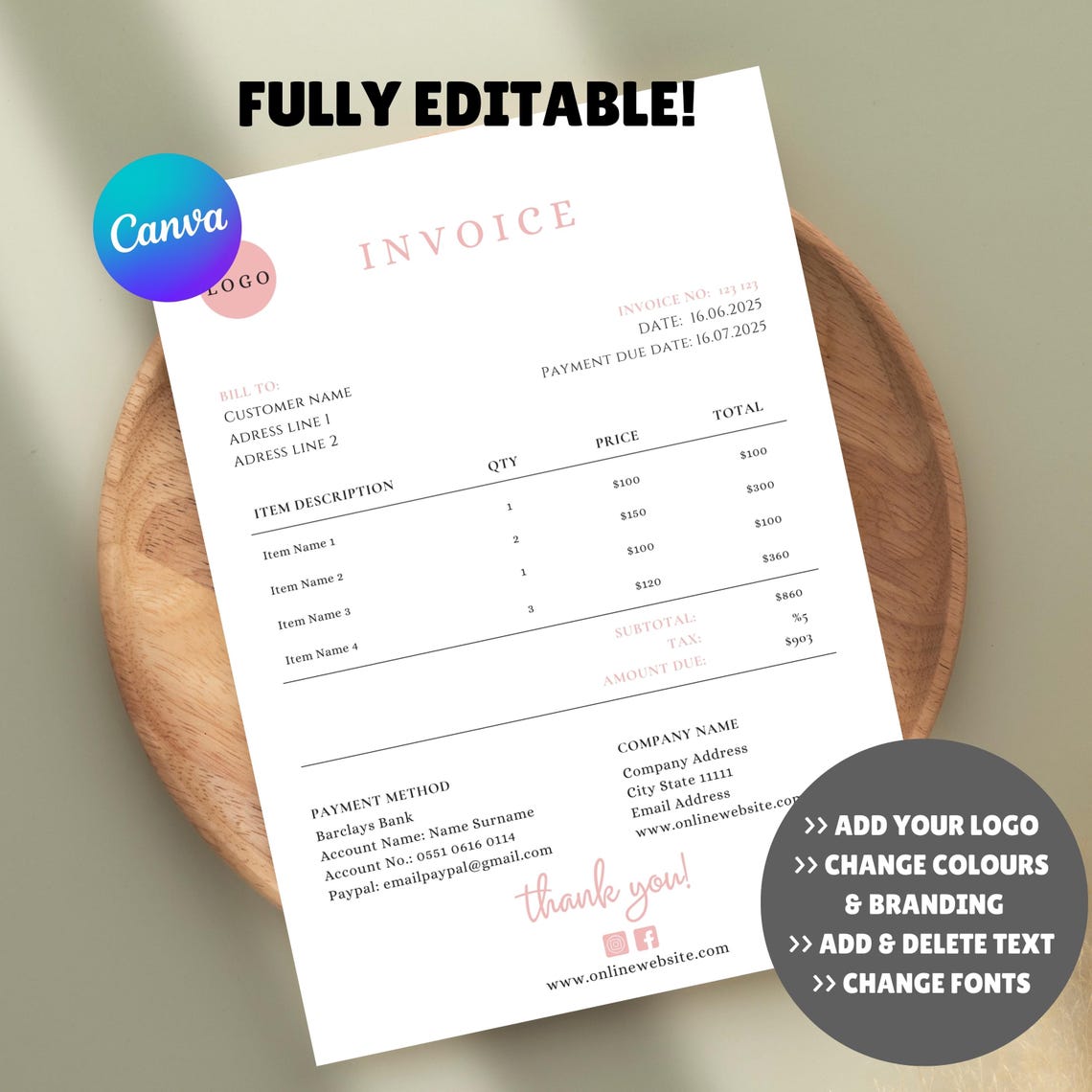 Invoice Digital Template I Minimalist Invoice I Aesthetic Invoice I ...