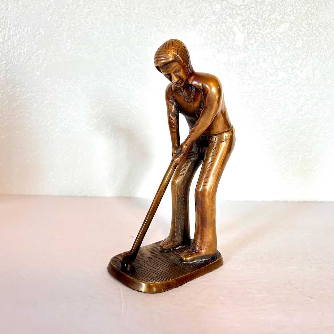 Solid Brass 8” Golf Statue - Vintage Statuette of Golfer Putting Mid ...