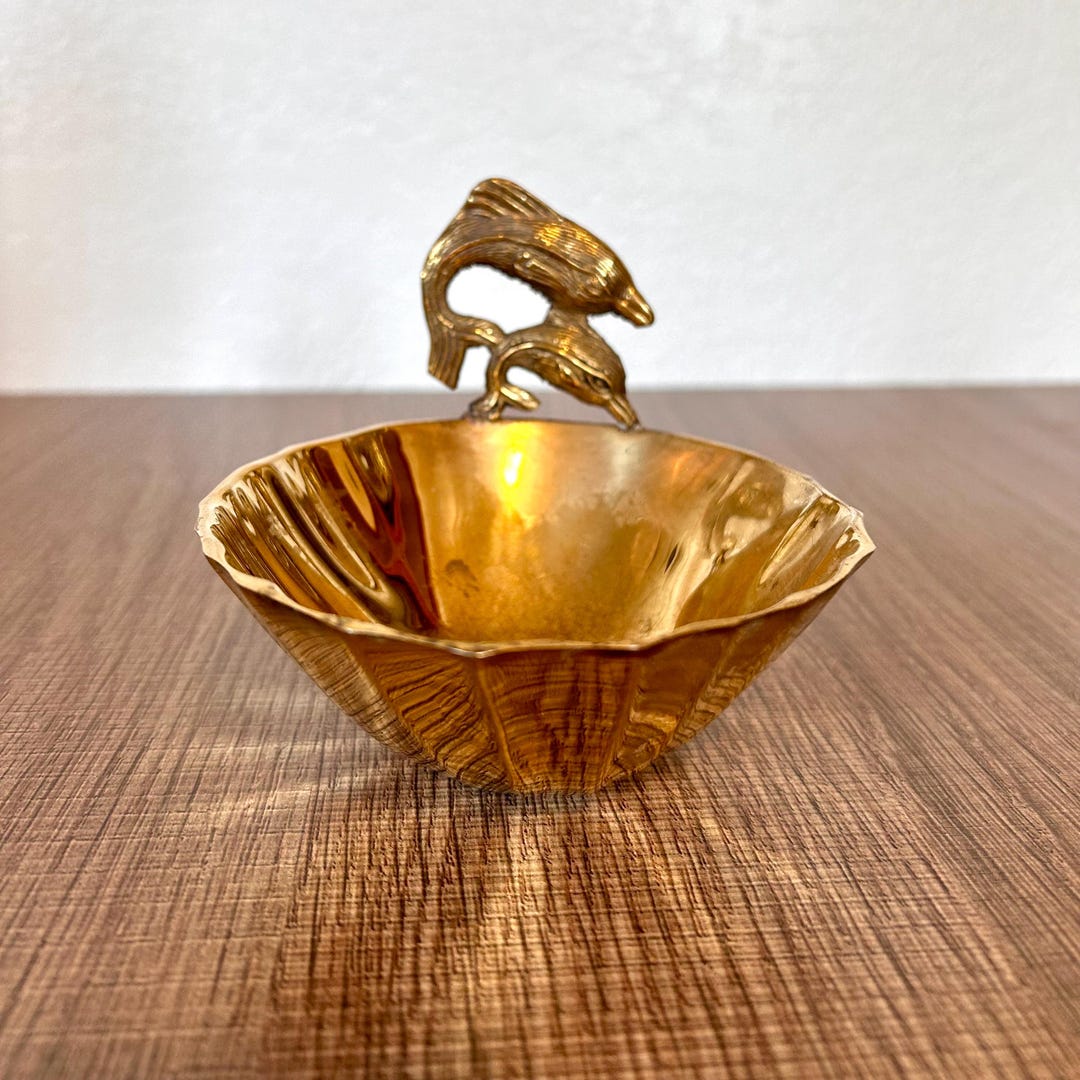 Vintage Solid Brass Trinket Dish - Jumping Dolphins or Fish With a ...