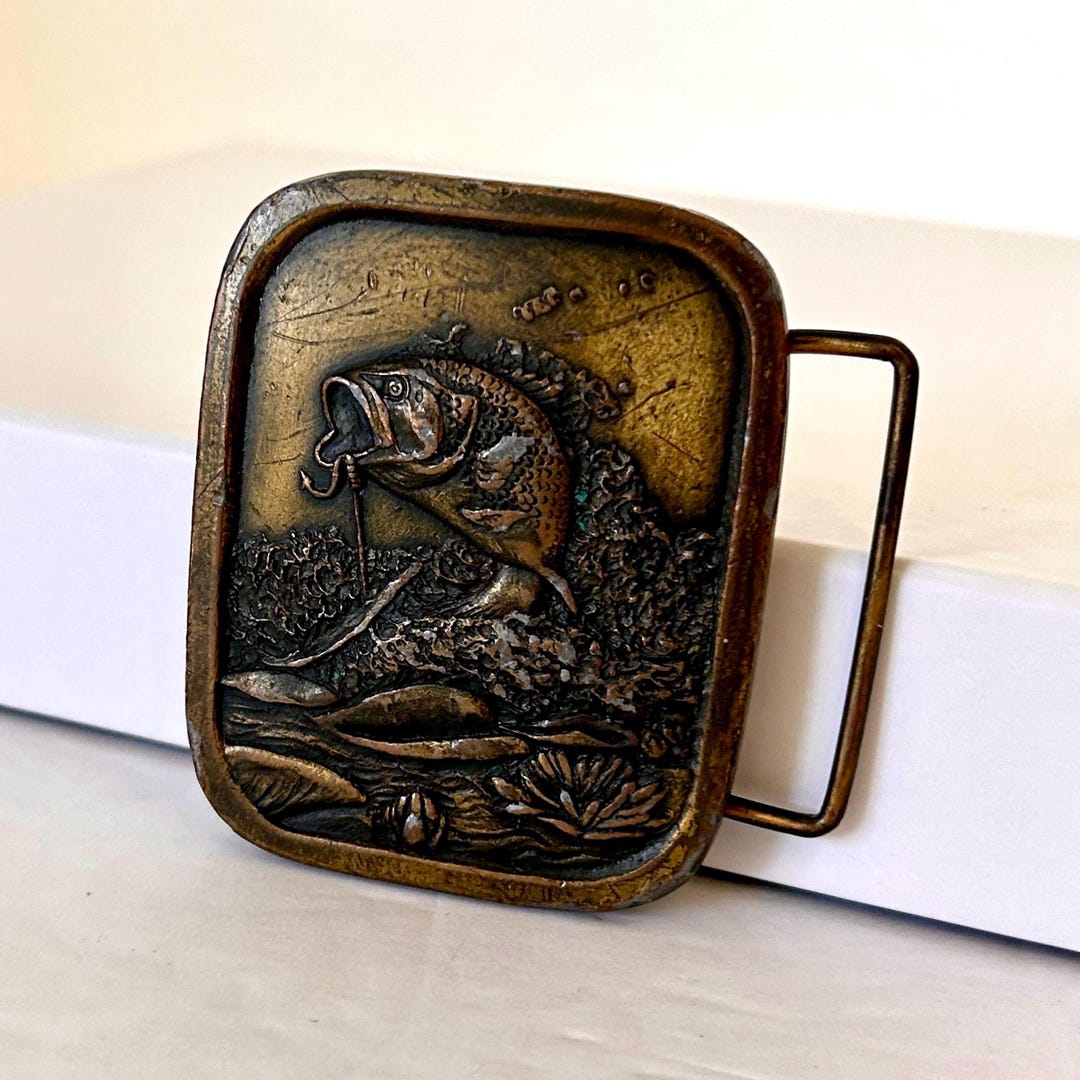 1976 Bass Fishing Solid Brass Vintage Belt Buckle by Indiana Metal ...