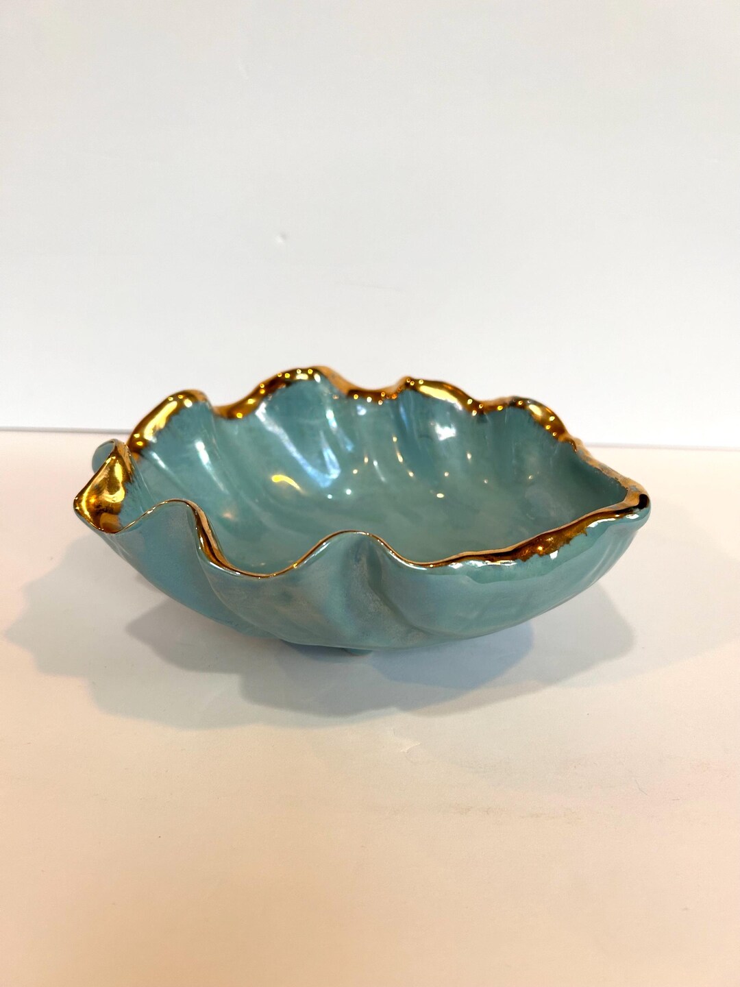 1960s Shell Decorative Glass Bowl - Pearlescent Blue With Goldleaf Edge ...