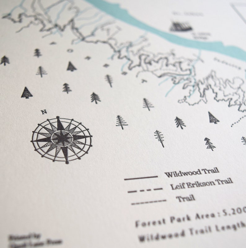 The Wildwood Trail and Forest Park Portland Oregon, Letterpress Map ...
