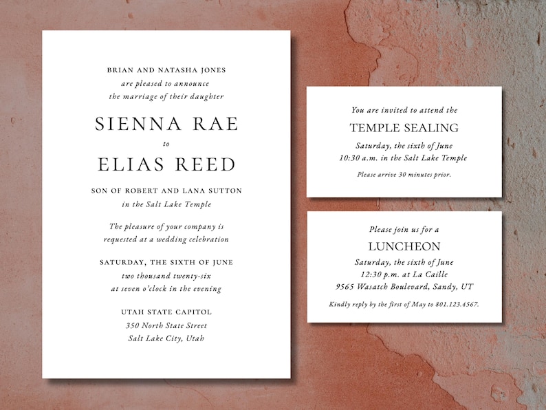 LDS Wedding Invitation and Temple Sealing Insert, Minimalist Wedding ...