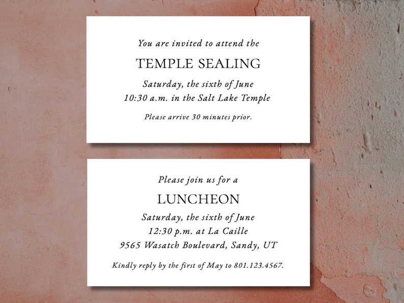 LDS Wedding Invitation and Temple Sealing Insert, Minimalist Wedding ...