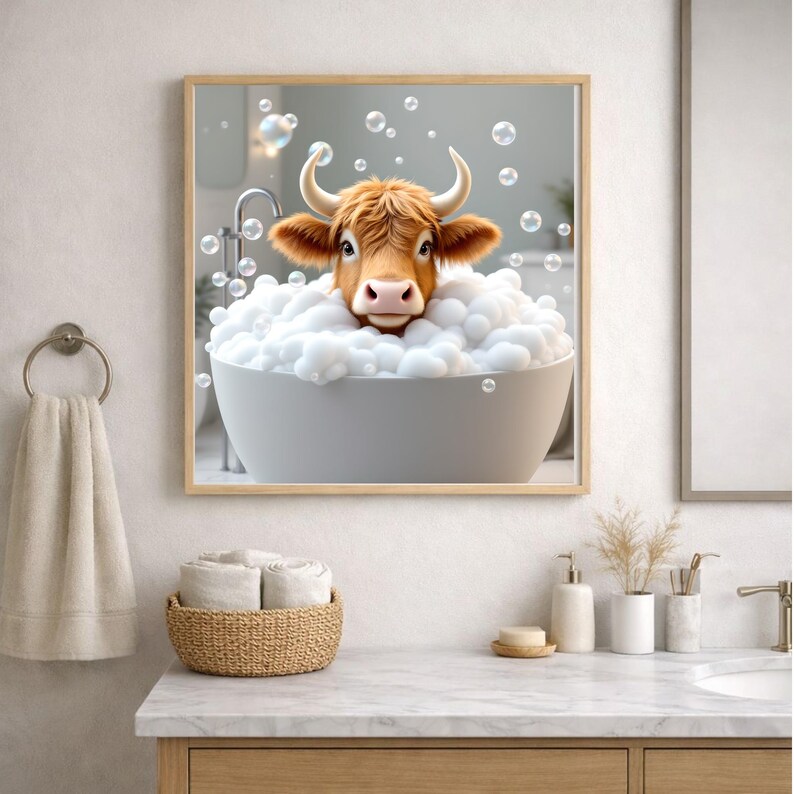 Highland Cow Bathroom Wall Art, Cow in Bathtub Print, Whimsical Farm ...