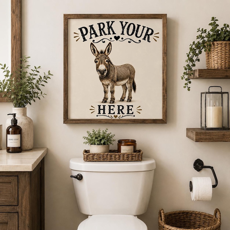 Funny Donkey Bathroom Wall Art, Park Your Here Rustic Farmhouse Decor ...