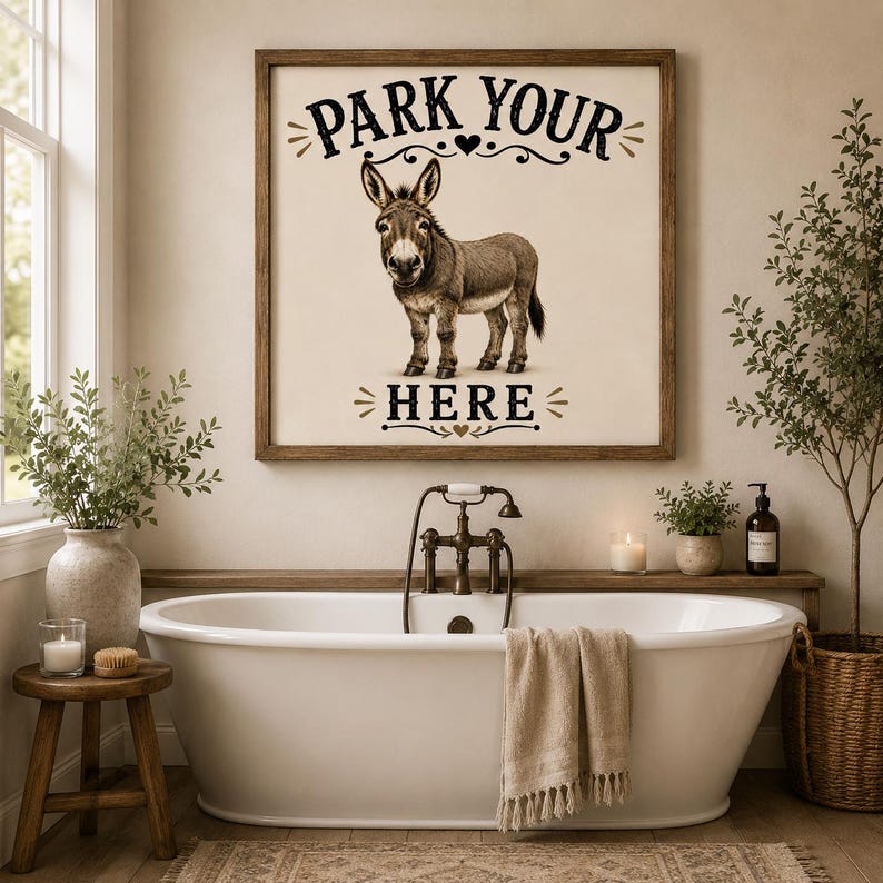 Funny Donkey Bathroom Wall Art, Park Your Here Rustic Farmhouse Decor ...