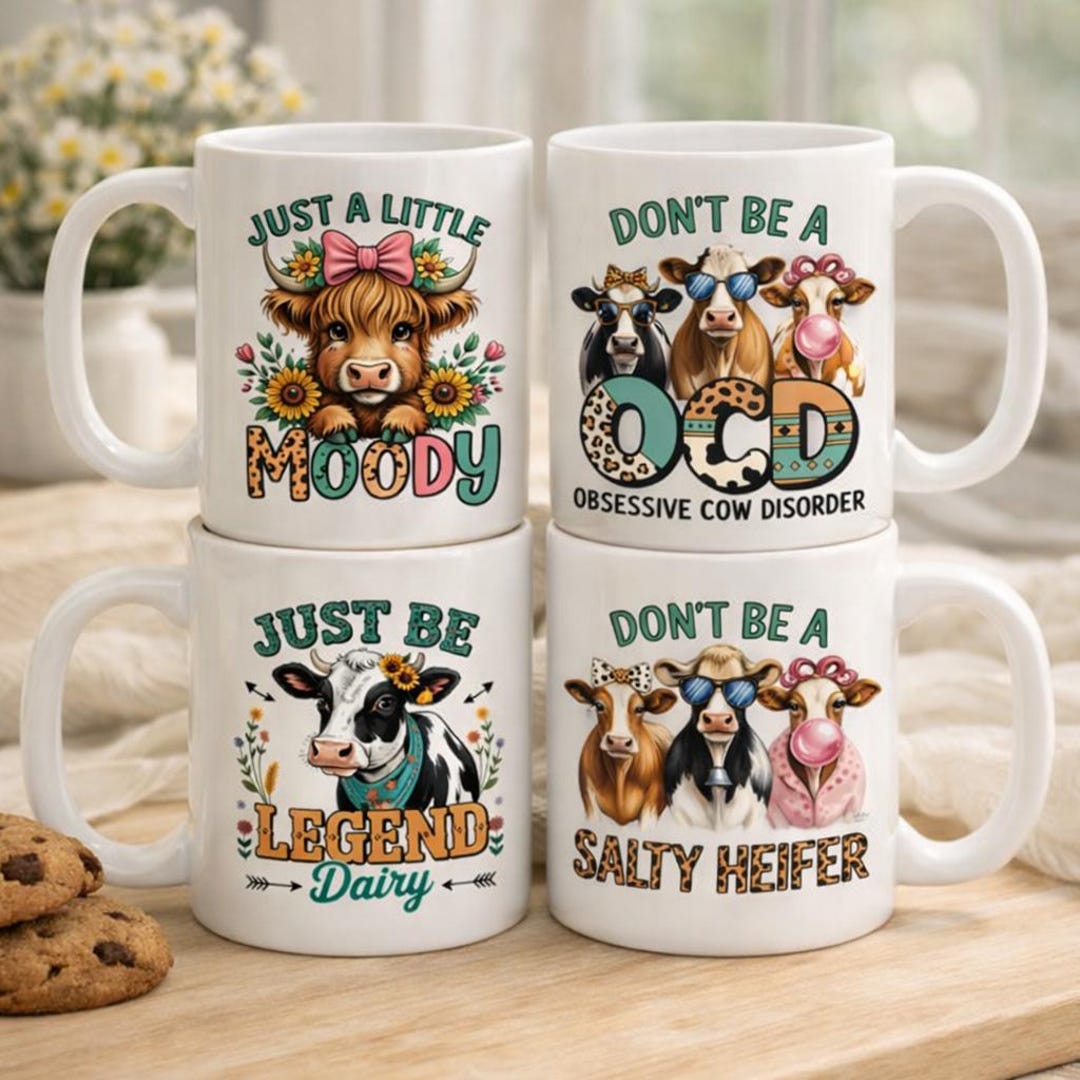 Funny Cow Mug Set of 4, Cow Lover Coffee Mugs, Farmhouse Cow Mug ...