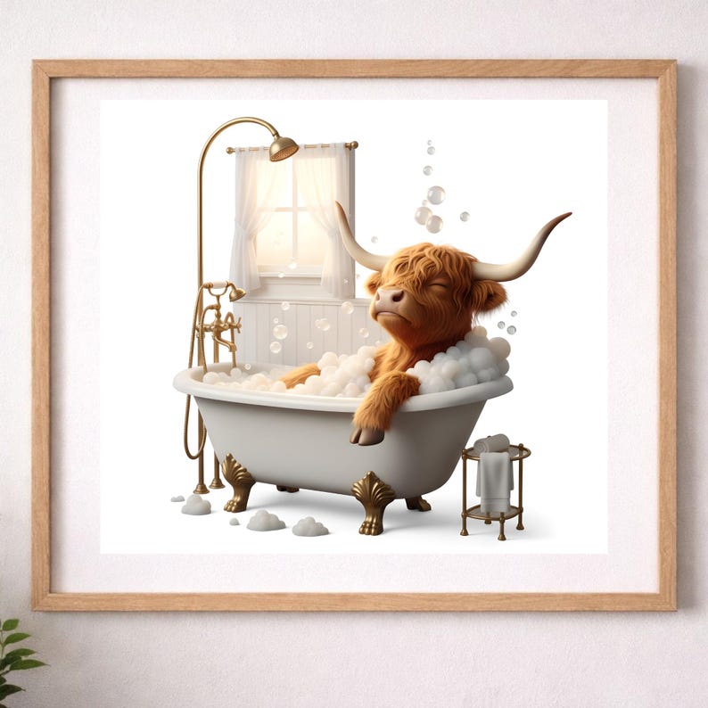 Highland Cow Bathroom Wall Art, Cow in Bathtub Print, Whimsical Farm ...
