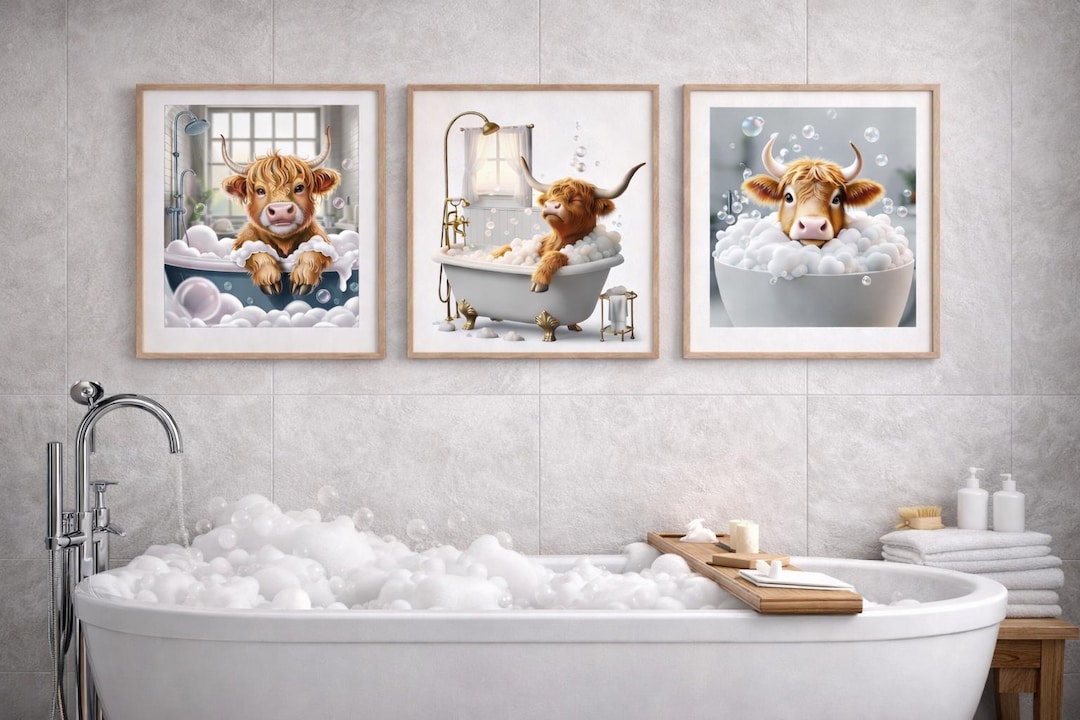 Highland Cow Bathroom Wall Art, Cow in Bathtub Print, Whimsical Farm ...