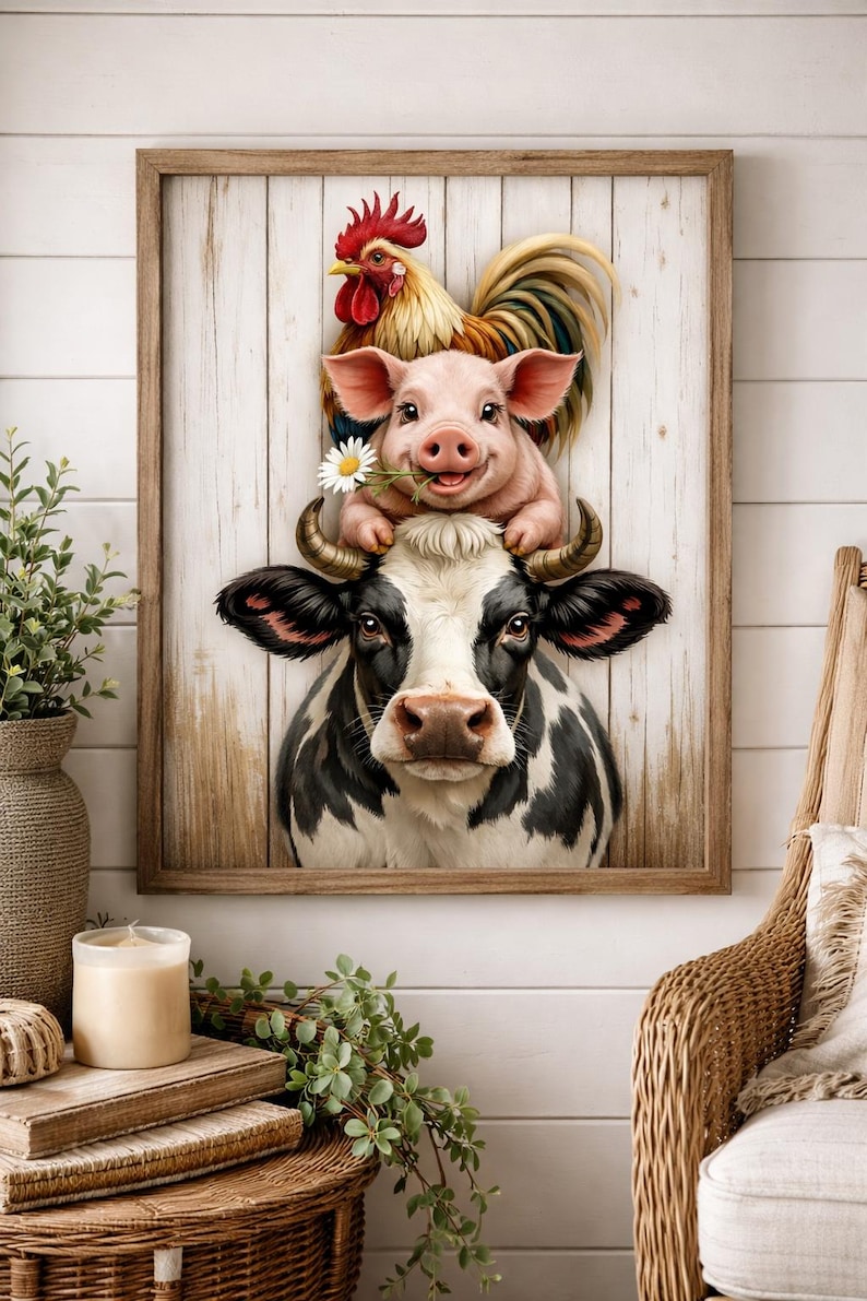 Stacked Farm Animals Poster | Cow Pig Rooster Matte Vertical Print - Etsy