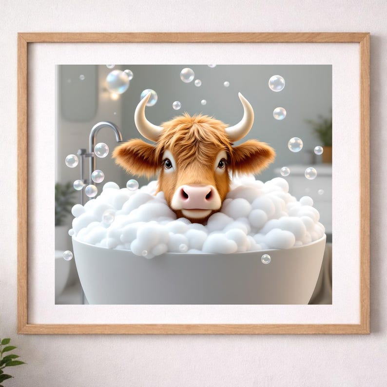 Highland Cow Bathroom Wall Art, Cow in Bathtub Print, Whimsical Farm ...