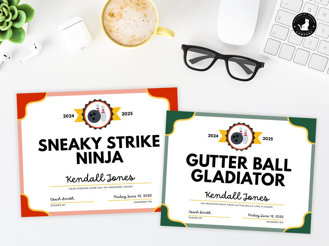 Funny Bowling Awards Certificates: Kids Sports Banquet Canva Template ...