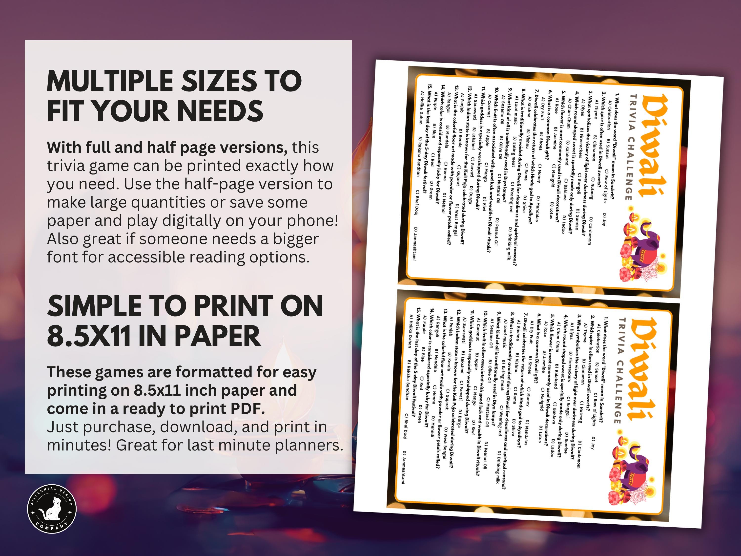 Diwali Trivia Game With Answers: Printable Trivia for Festival of ...