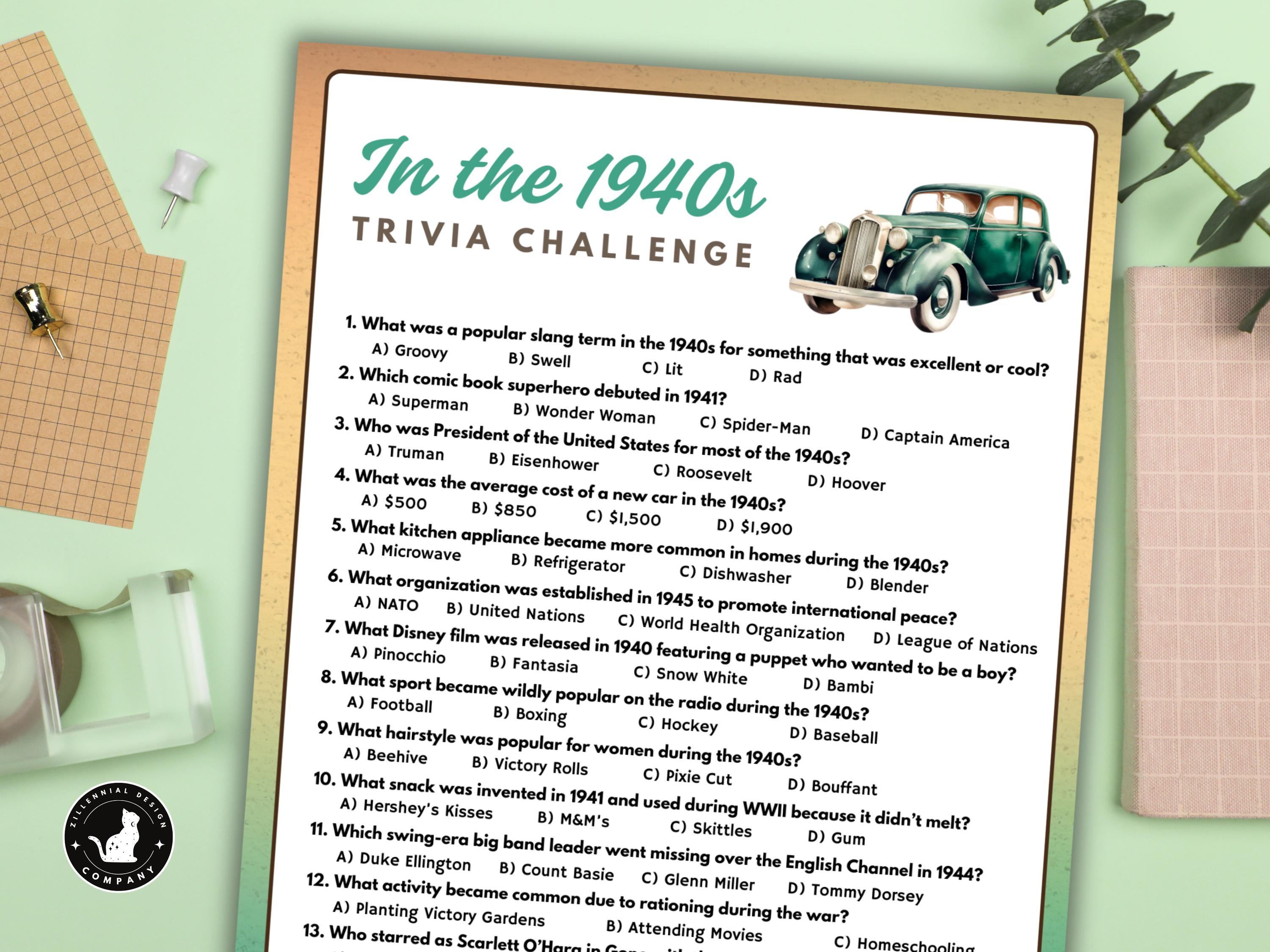 Printable 1940s Trivia Questions Game | Decades Trivia 1945 WWII Fun AP ...