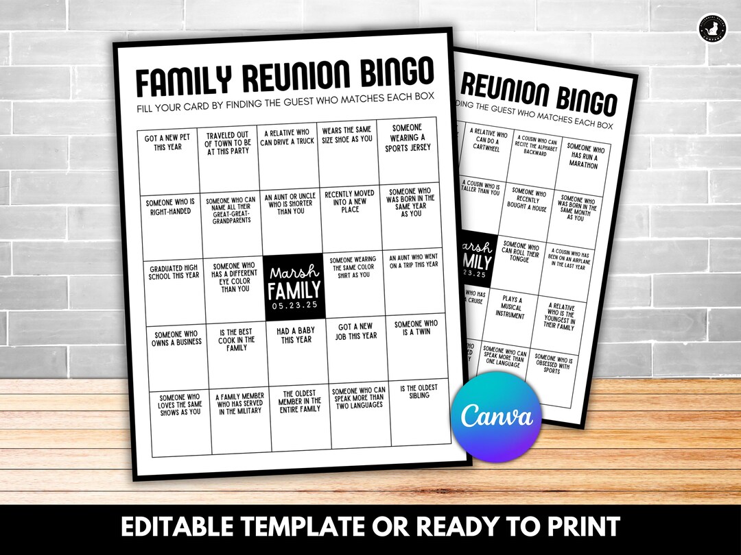 Family Reunion Bingo Game Printable Canva Template | Custom Find the ...