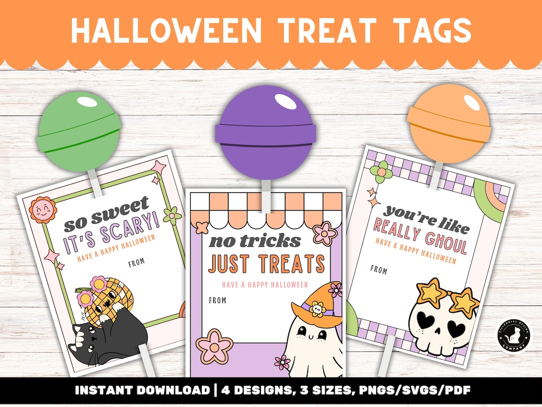 Retro Halloween Sucker Tags: Printable Treat Bag Labels (PDF, PNG, SVG ...