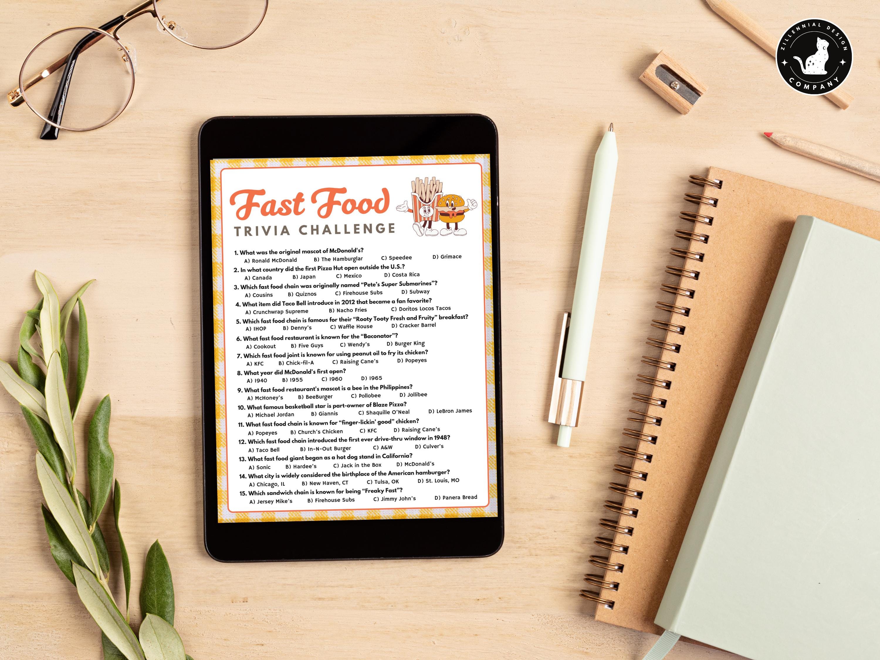 Fast Food Trivia Game With Answers: 15 Printable Questions Parties ...