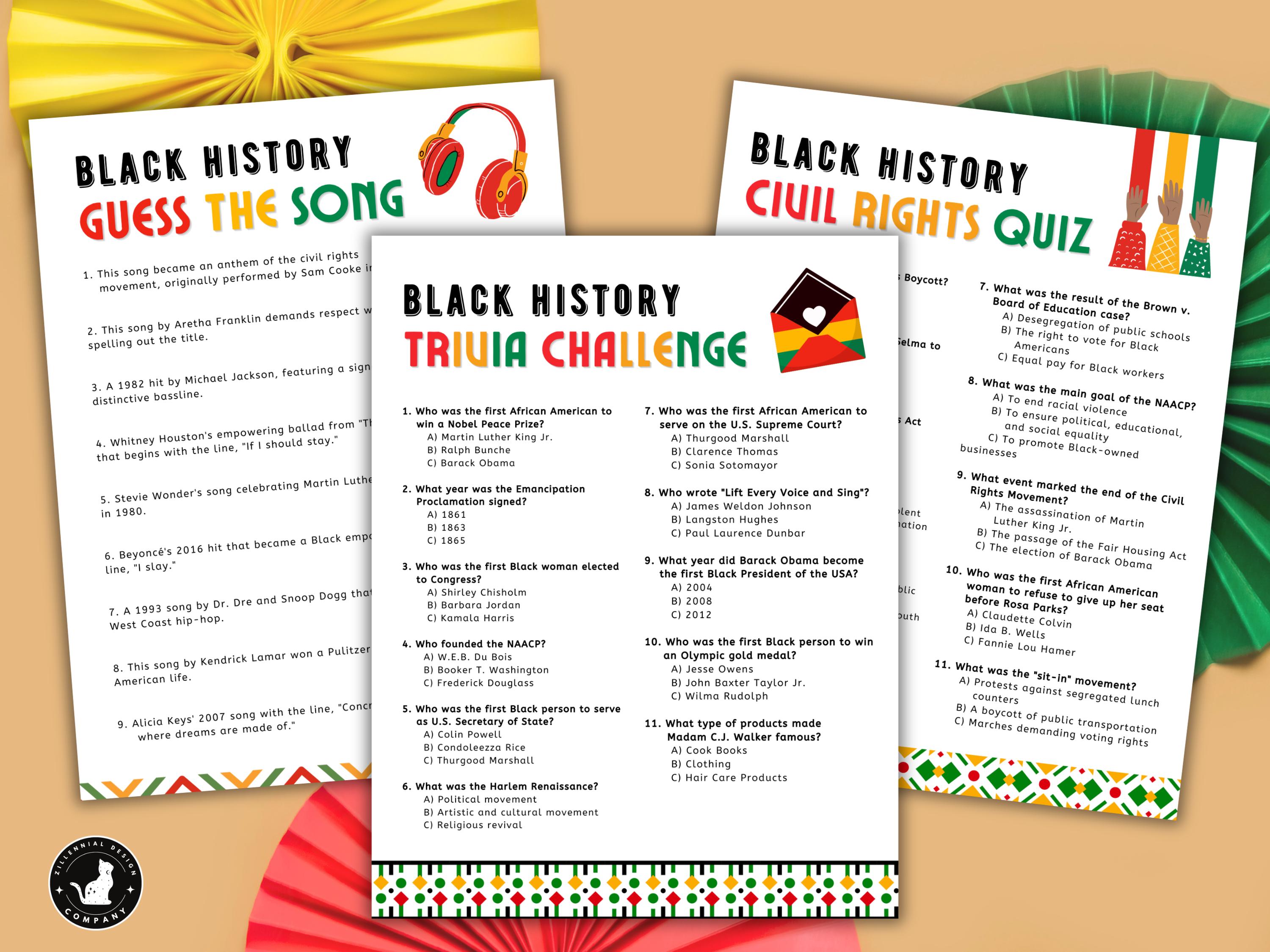 Black History Trivia Printable Game Bundle - Guess the Song, Civil ...