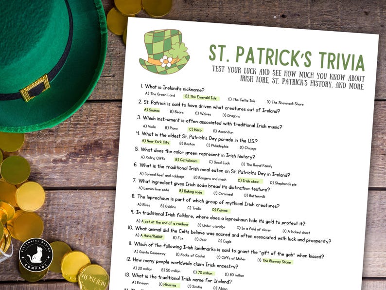 St Patricks Day Trivia Game Printable | Easy Activity St. Paddy Party ...