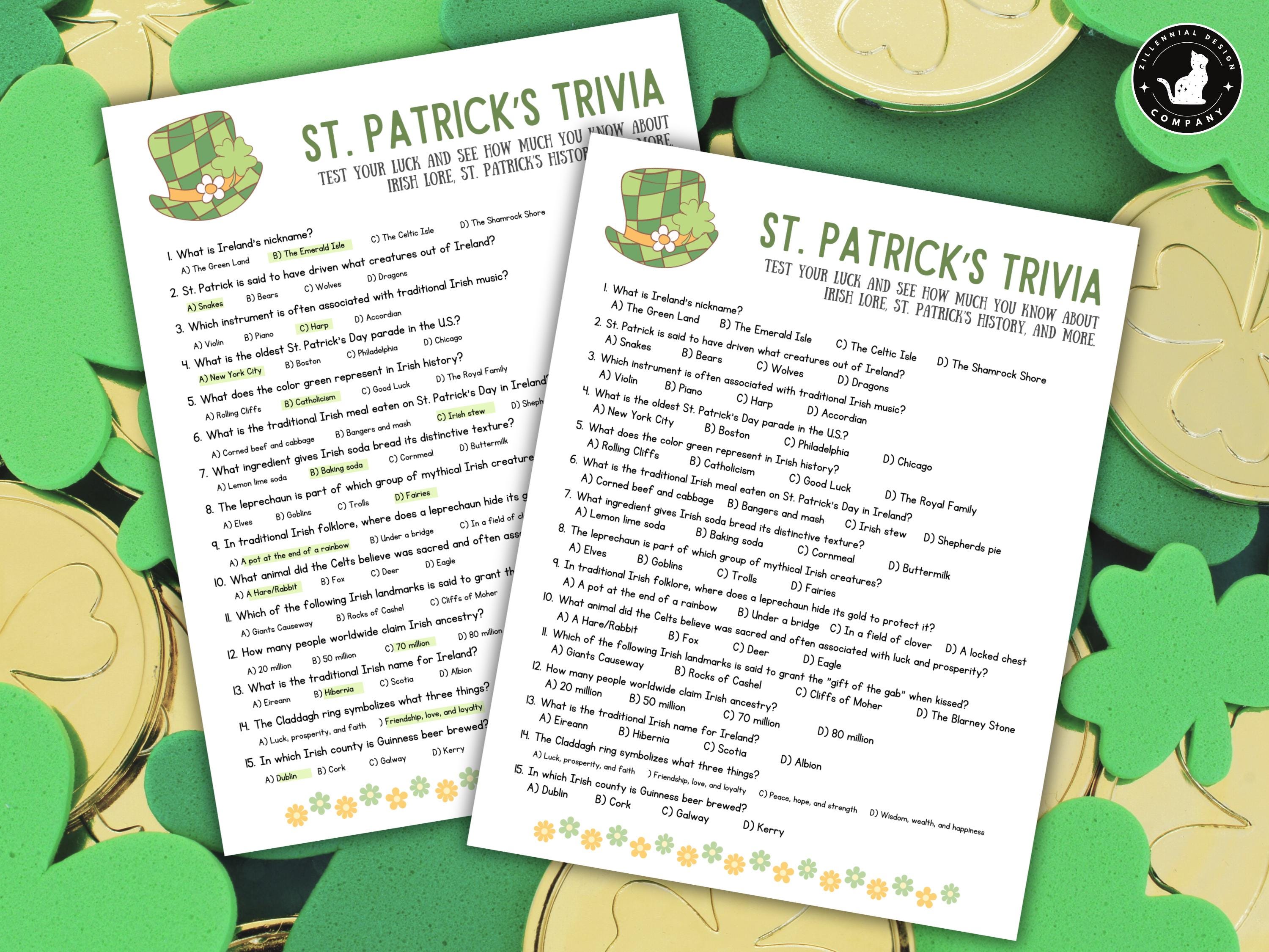 St Patricks Day Trivia Game Printable | Easy Activity St. Paddy Party ...