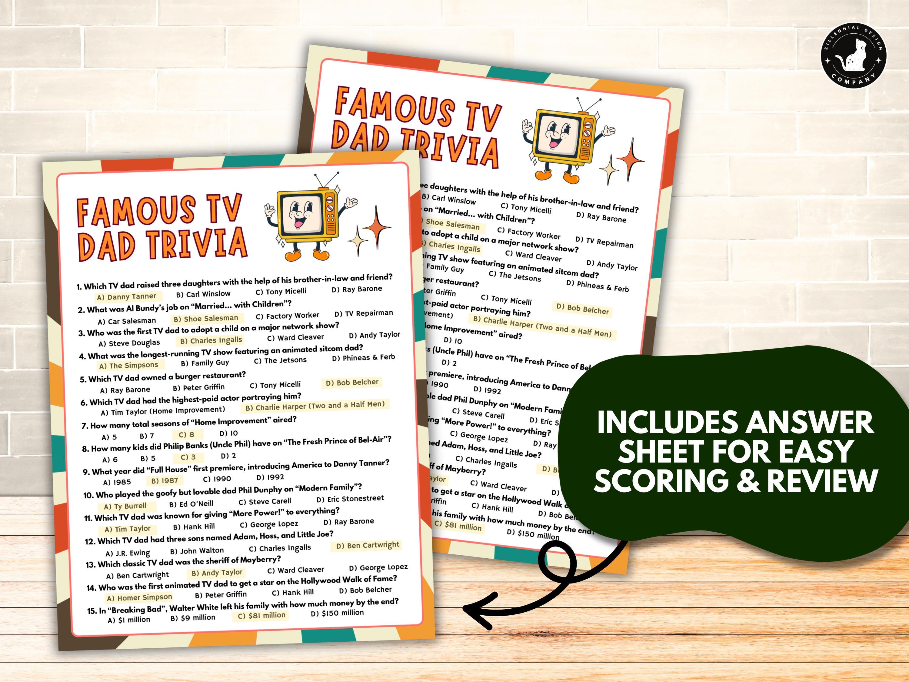 Father's Day TV Dad Trivia Game With Answers: Printable Family Fun (PDF ...