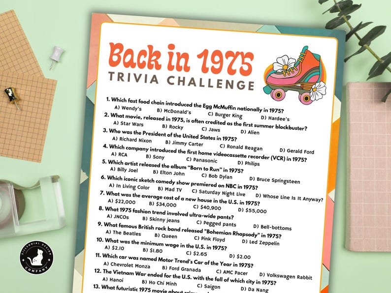 1975 Trivia Game With Answers: Printable Party Activity for Parties ...