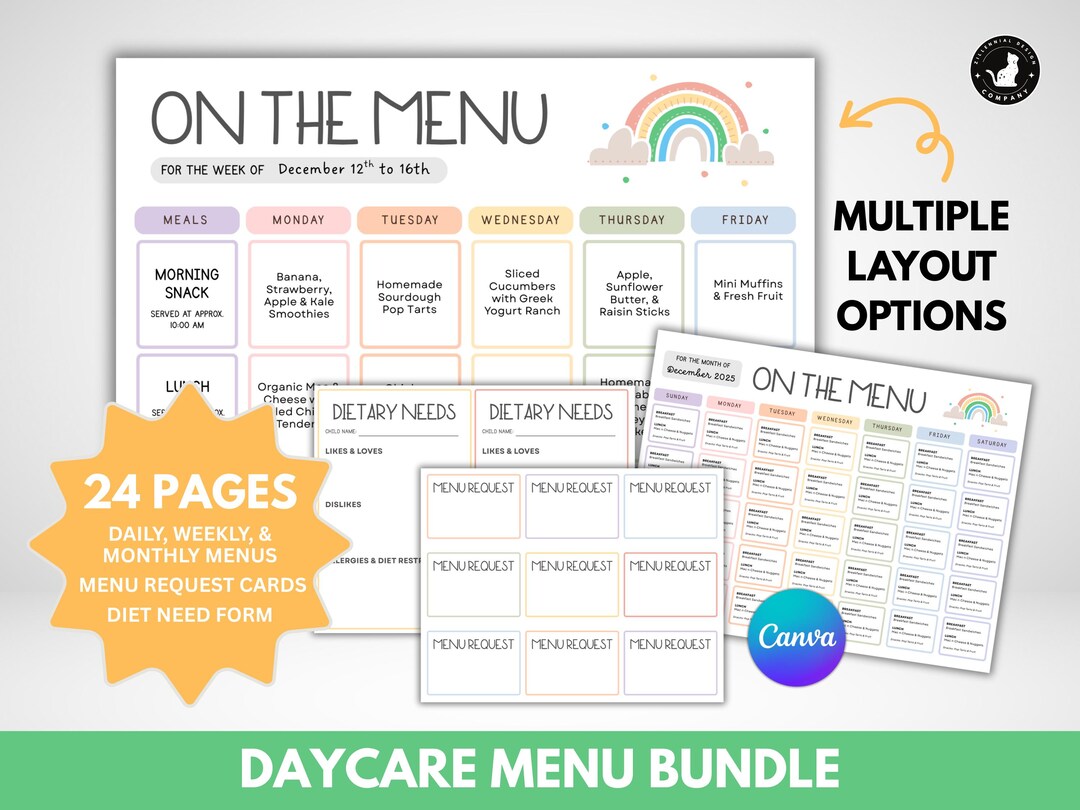 Daycare Menu Template Bundle Canva | Business Resource Daily, Weekly ...